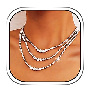 Sixexey Layered Rhinestone Necklaces Silver Crystal Necklace Chains Sparkly Party Necklace Jewelry for Women (3-layer)
