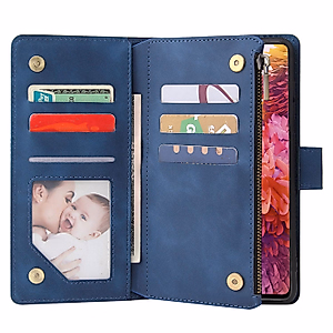 LBYZCASE Phone Case for Galaxy S20 FE 5G(2020),Samsung S20 FE Wallet Case,Luxury Folio Flip Leather Cover[Zipper Pocket][Wrist Strap][Kickstand ] for Samsung Galaxy S20 FE 5G(Fan Edition)-Blue