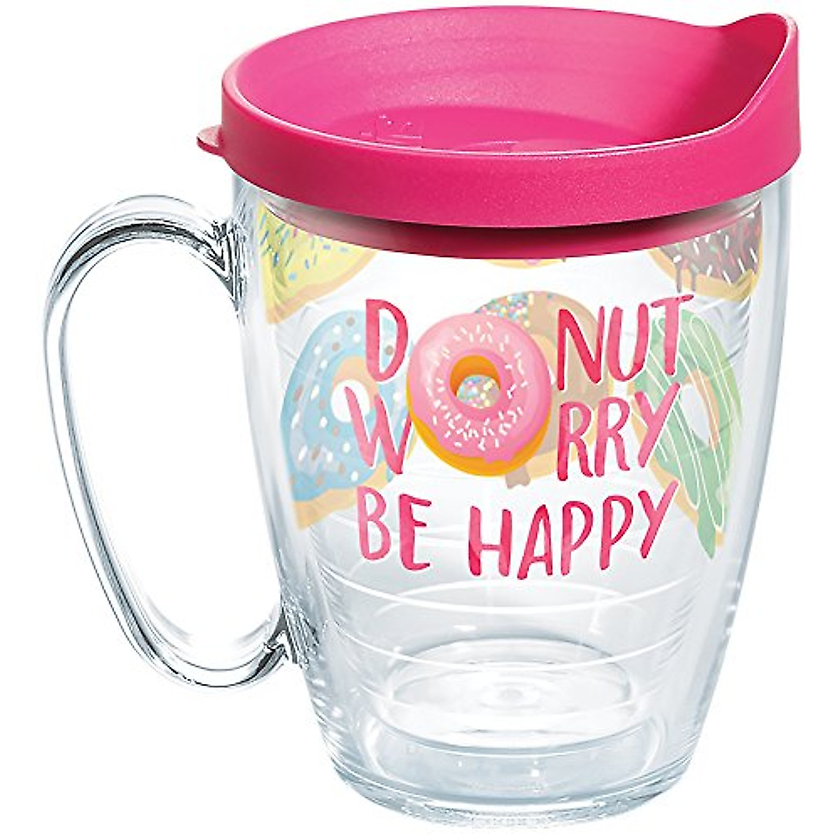 Tervis 1266565 Donut Worry Tumbler with Wrap and Fuchsia Lid 16oz Mug, Clear