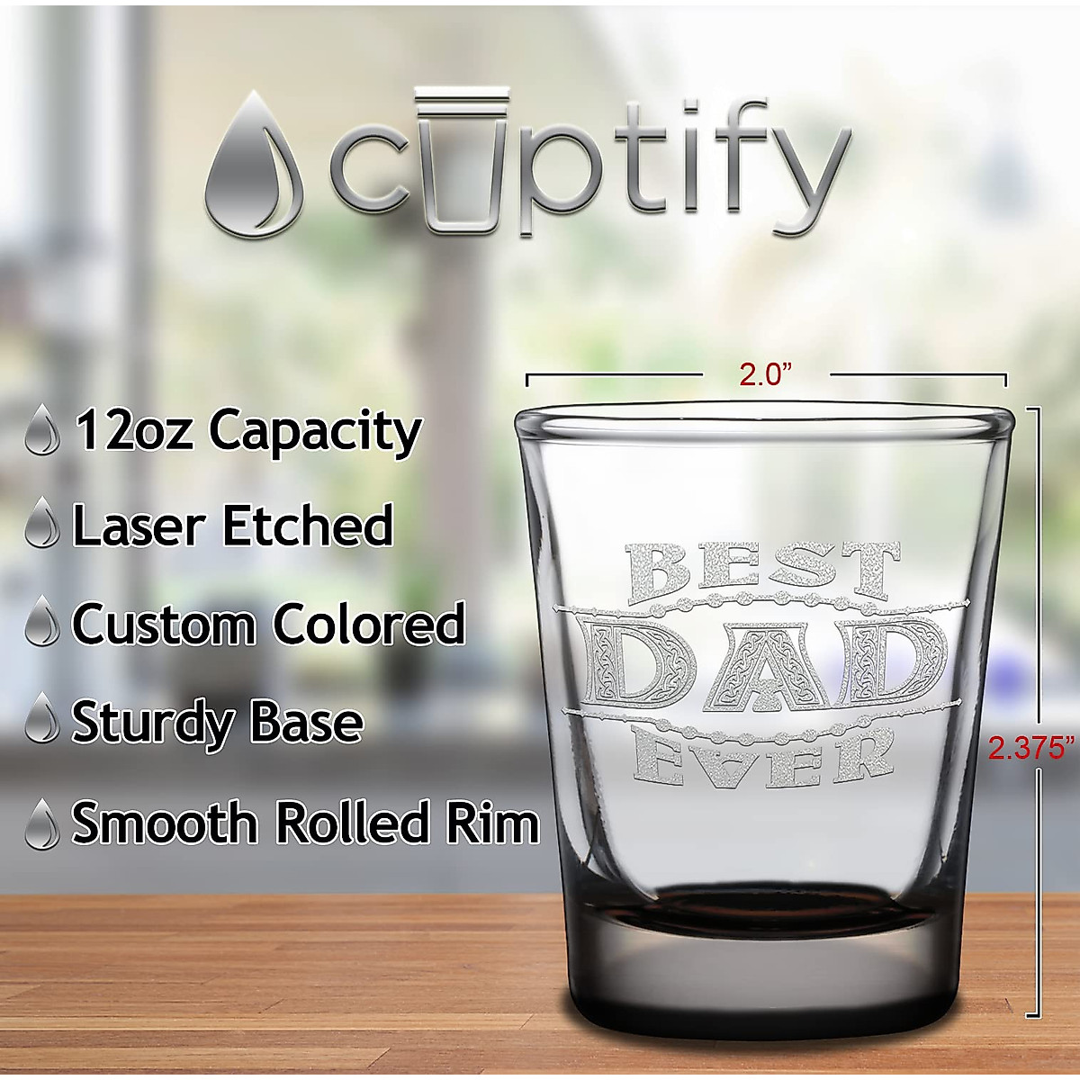 Cuptify Best Dad Ever 2oz Black Bottom Shot Glasses Set of 2 Etched Party Favors Cool Birthday Gifts for Men, Him, Fathers Day