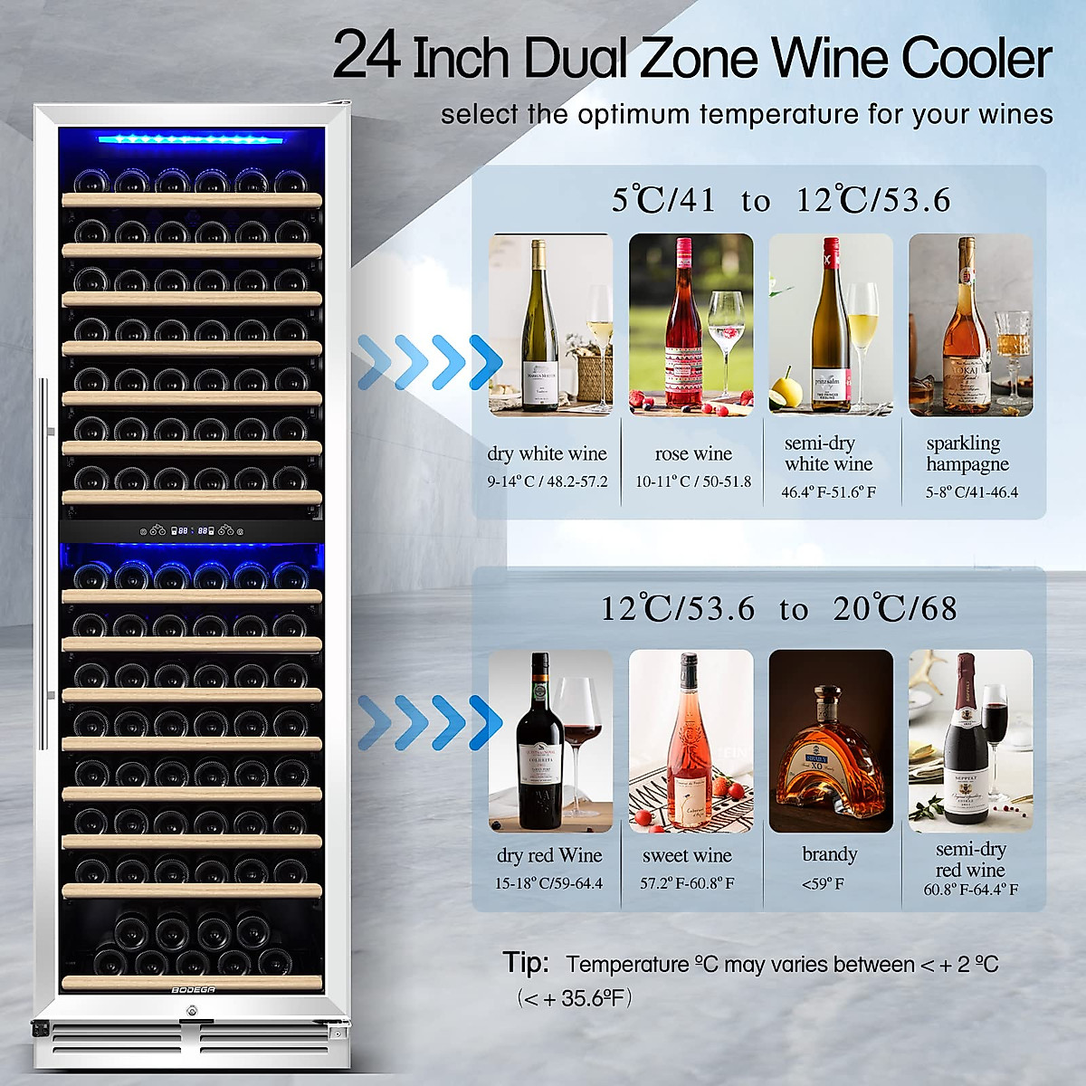 BODEGA Wine Cooler Refrigerator 24 Inch, 174 Bottle Dual Zone Wine Fridge with Double-Layer Tempered Glass Door and Temperature Memory Function,Built-in or Freestanding