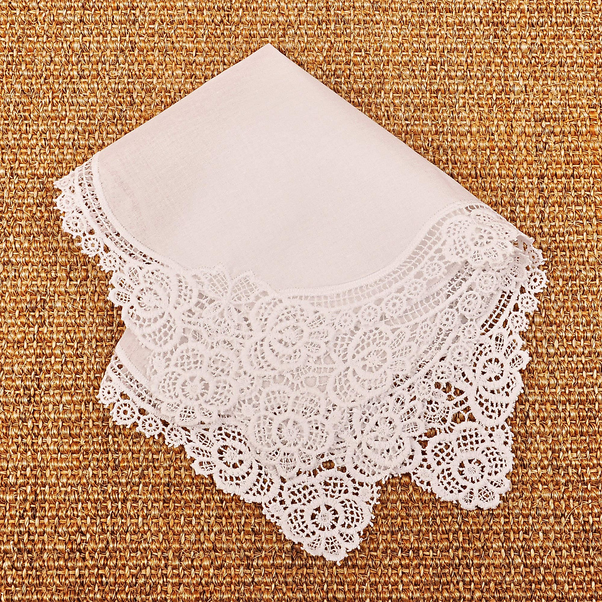 Milesky White Wedding Handkerchief Pure Cotton, Soft Ladies Hanky with Crochet Lace CH02