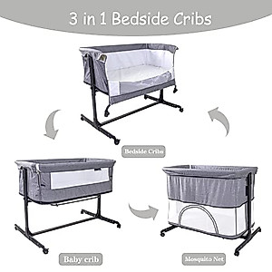 Baby Bassinet Bedside Sleeper, 3 in 1 Bedside Crib with Storage Basket, Easy to Assemble Baby Cradle, with Wheels, Adjustable Height, Mattress, Mosquito Nets