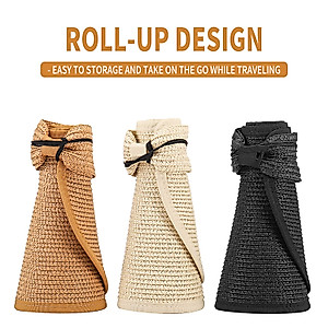 MEINICY 3PCS Foldable Straw Sun Visor Hats for Women, Wide Brim Ponytail Summer Beach Hat, Protect Your Skin Easily (Nature+Black+Beige 3PCS)…