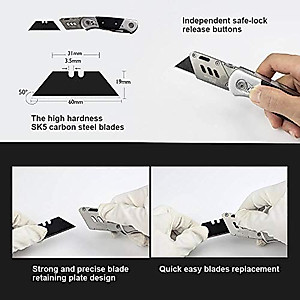 Folding Utility Knife/Box Cutter Heavy Duty Stainless Steel & 5 Antirust SK5 Blades + Nylon Pouch