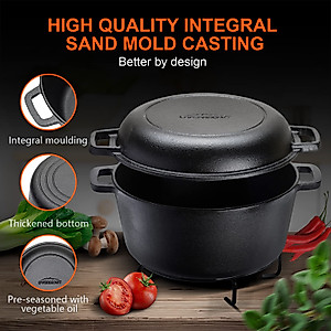 Overmont 2 in 1 Pre Seasoned Dutch Oven with Skillet Lid for Induction, Electric, Grill, Stovetop, BBQ, Camping (5 Quart)