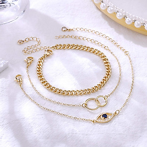 Layered Evil Eye Bracelets for Women, 14K Gold Filled Delicate CZ Evil Eye Bracelet layering Gold Cuban Chain bracelet Infinity Circle Dainty Evil Eye Bracelets for Women Jewelry