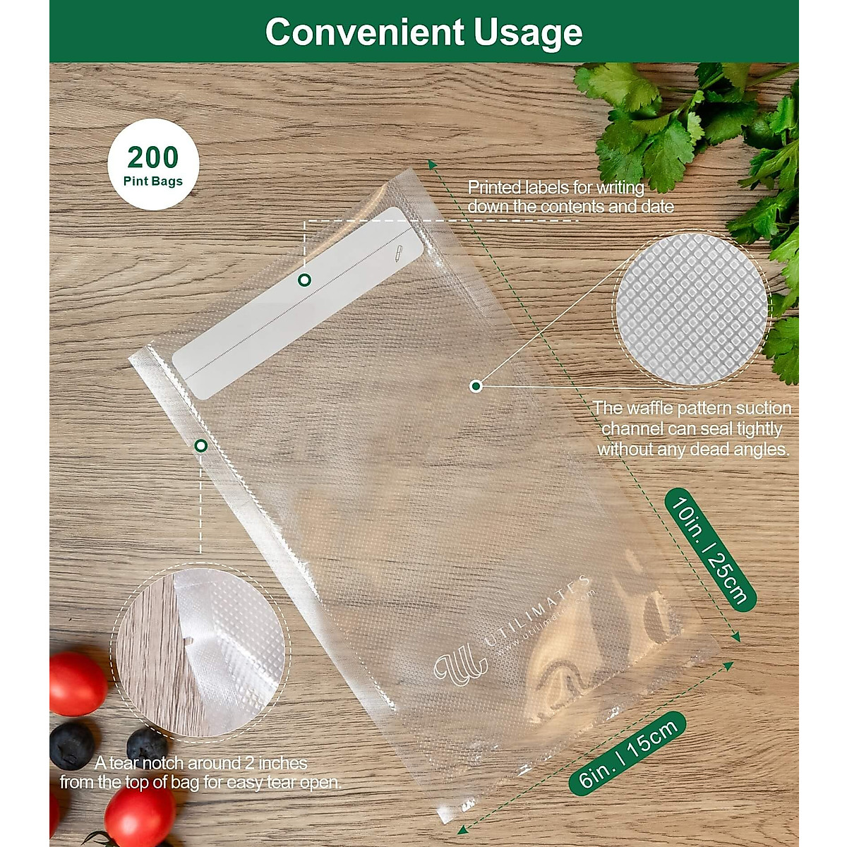 UTILIMATES Pint Vacuum Sealer Bags for Food, 6x10 Inch 200, Preprinted Label, BPA-free Puncture Prevention Heavy Duty Small Vacuum Seal Bags for Food, Ideal for Food Saver, Freezer Bags, or Sous Vide