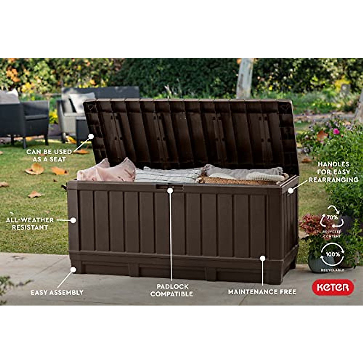 Keter Kentwood 90 Gallon Resin Deck Box-Organization and Storage for Patio Furniture Outdoor Cushions, Throw Pillows, Garden Tools and Pool Toys, Brown