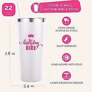 Your Dream Party Shop Birthday Girl Insulated Wine Tumbler - White Stainless Steel Cup for Women’s Celebrations - Birthday Tumbler For Women (22 oz)