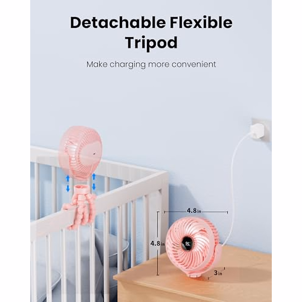 SHEWIND Stroller Fan, LED Light Portable Fan, 3600mAh Battery Operated Small Clip on Fan, 4 Speed Rechargeable Mini Personal Fan Cooling Travel Fan For Car Seat Crib Treadmill (Pink)