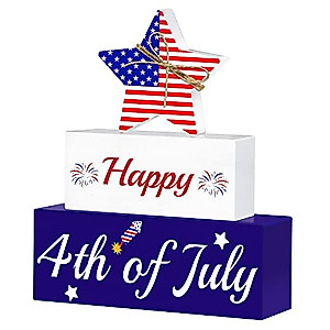 4th of July Patriotic Decorations, 3Pcs Wooden Signs, Fourth of July Red White and Blue Decorations, Memorial Day Independence Day July 4th Decor for Home Tiered Tray Decor