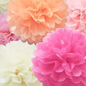 Tissue Paper Pompoms Paper Flower 22 Pcs Pink,Light Pink,Hot Pink,Ivory, Light Peach Paper Flower Ball for Birthday Bachelorette Wedding Baby Shower Bridal Shower Party Decoration