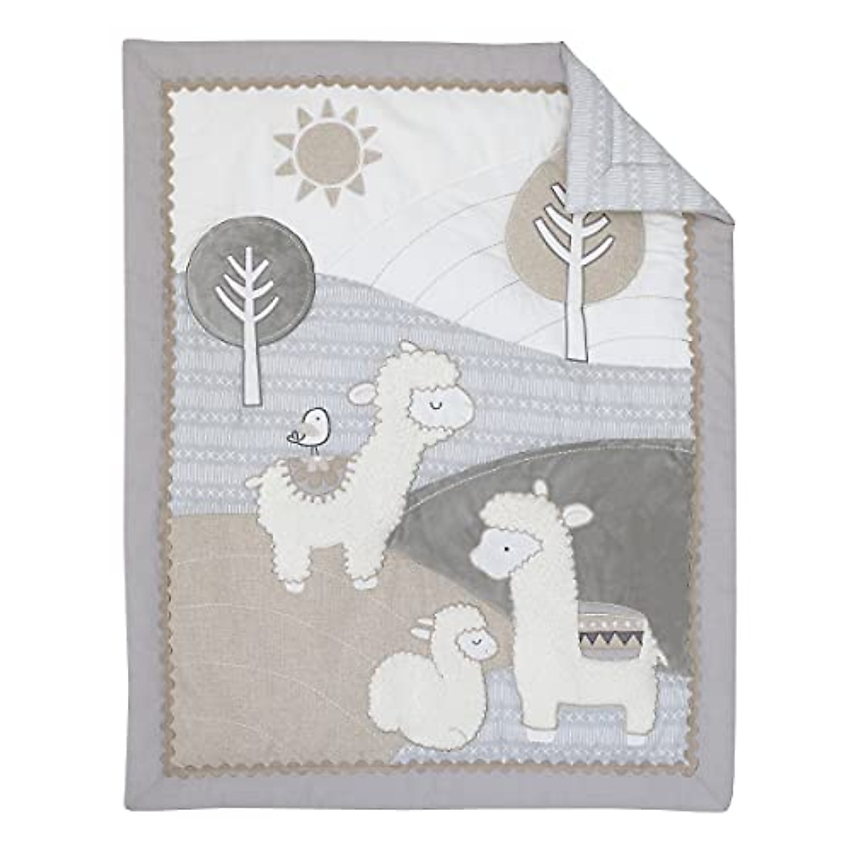 NoJo Mama's Little Llama Grey, White and Charcoal 4 Piece Nursery Crib Bedding Set - Comforter, Crib Sheet, Dust Ruffle and Nursery Organizer
