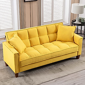 mikibama Linen Sofas Couchs for Living Room Grid Tufted Loveseat Sofa Padded 2 Seater Bedroom Couch Soft Comfy Sofa Bed for Small Space Apartment with Solid Wood Legs (Beige)