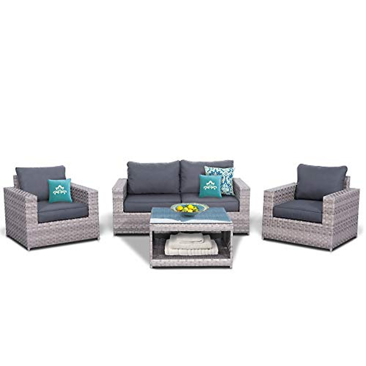 SunHaven Resin Wicker Outdoor Patio Furniture Set - 5 Piece Conversation Sectional Premium All Weather Gray Rattan Wicker, Aluminum Frame with Deluxe Fade Resistant Olefin Cushion (Kensington 5 Pcs)