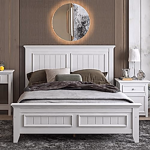 Modern Queen Size Platform Bed with Headboard ,Solid Wood Queen Bed Frame with Embellish Details,Bolivar Series Design,Country Queen Bed with Wooden Slat Support for Bedroom, White