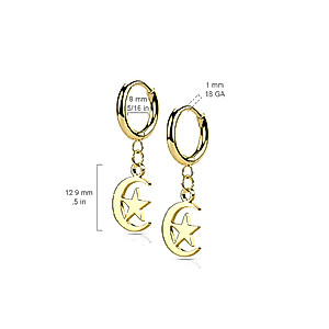 Pierced Owl 18GA Hinged Hoops with Crescent Moon and Star Dangle 316L Surgical Stainless Steel Hoop Earrings, Sold as a Pair (Black)