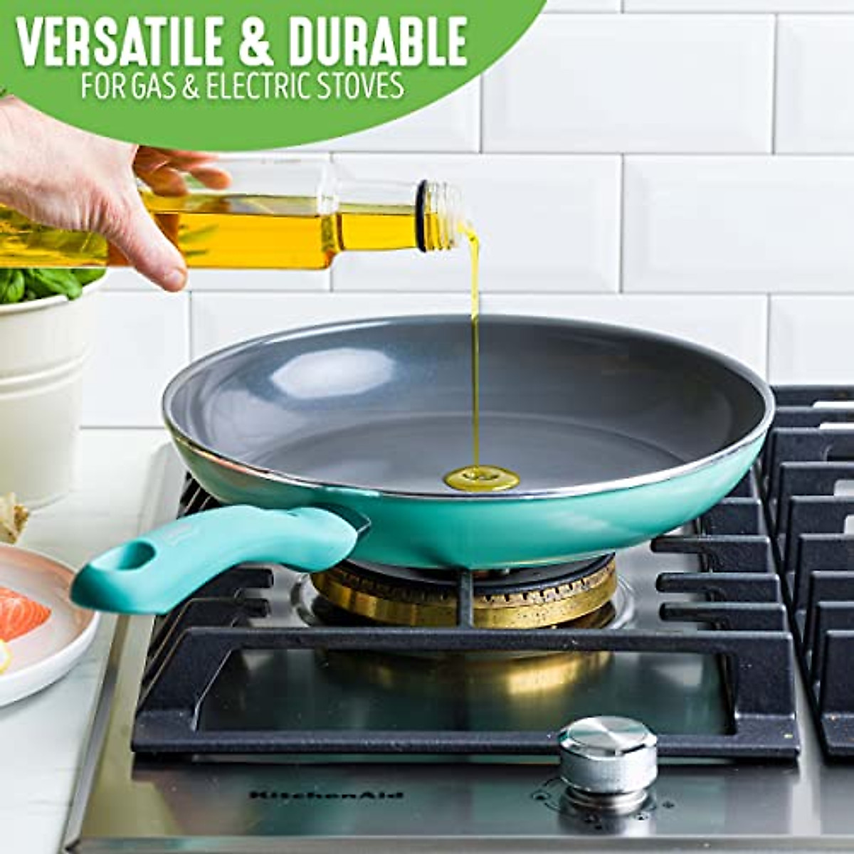 GreenLife Soft Grip Diamond Healthy Ceramic Nonstick, 7" and 10" Frying Pan Skillet Set, PFAS-Free, Dishwasher Safe, Turquoise