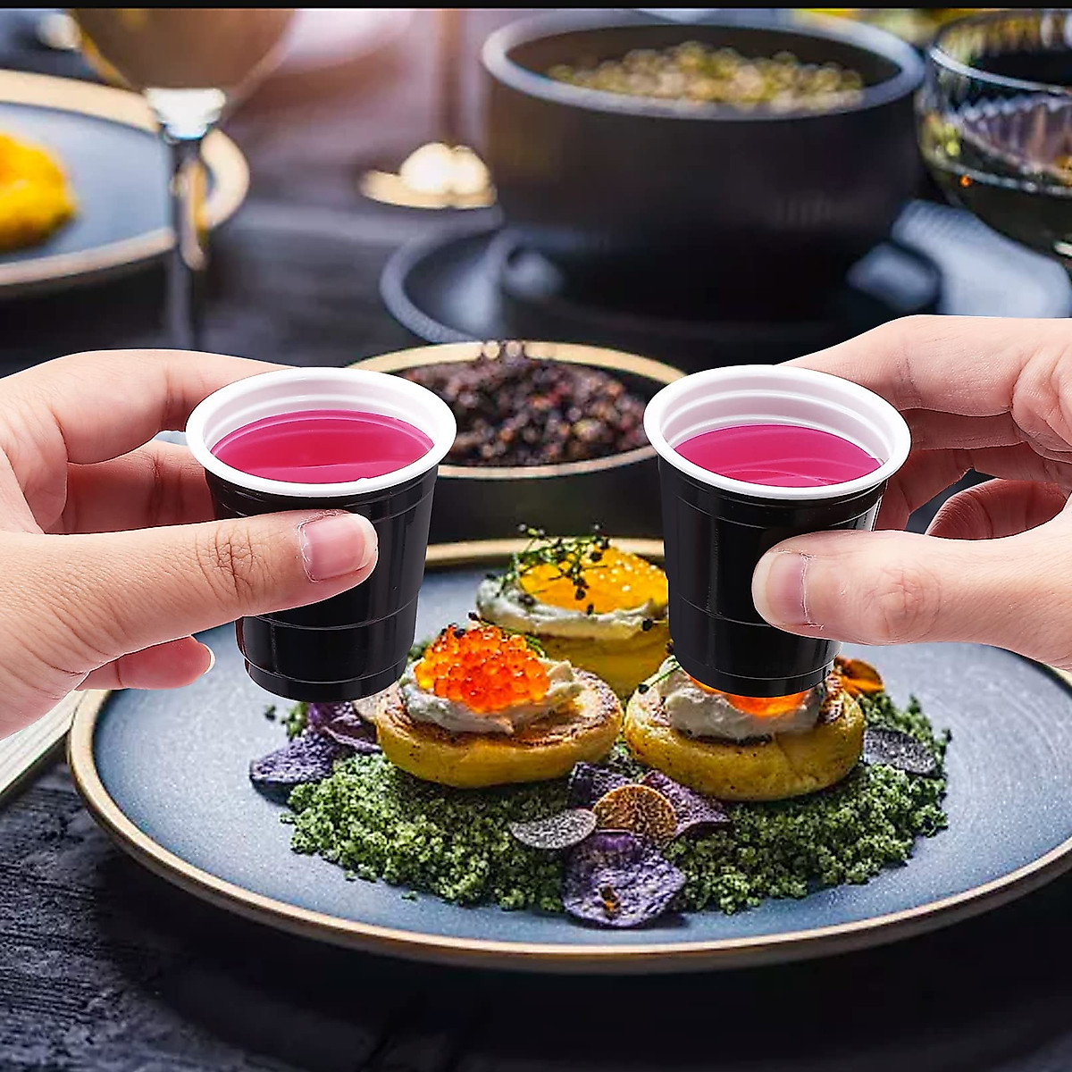 Cynquma 200Pcs 2 oz Black Plastic Shot Glasses, Disposable Mini Party Cups for Drinking, Birthday Parties, Weddings, and Other Occasions