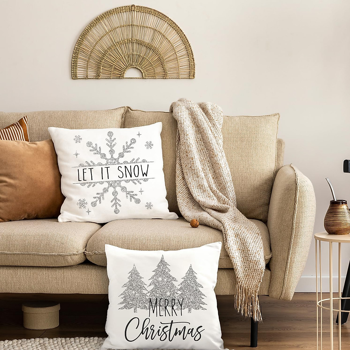 AOFANGGO Christmas Pillow Covers 18x18 Set of 4 Silver Glitter Holiday Decorations White Xmas Throw Pillows Cushion Covers for Bed Chair Sofa Couch