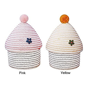 RNCOZE Small House Shaped Storage Basket, Handmade Cotton Rope Organizer Basket with Lid, Creative Snack Container Decorative Storage Bin for Living Room Bedroom Home Storage(Yellow)