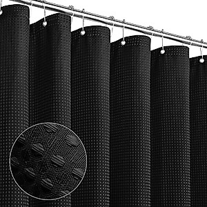 MitoVilla Black Waffle Fabric Shower Curtain, Heavyweight Hotel-Grade Cloth Shower Curtain for Modern Country Bathroom Decor, Waterproof & Wrinkle Resistant, 72 x 72