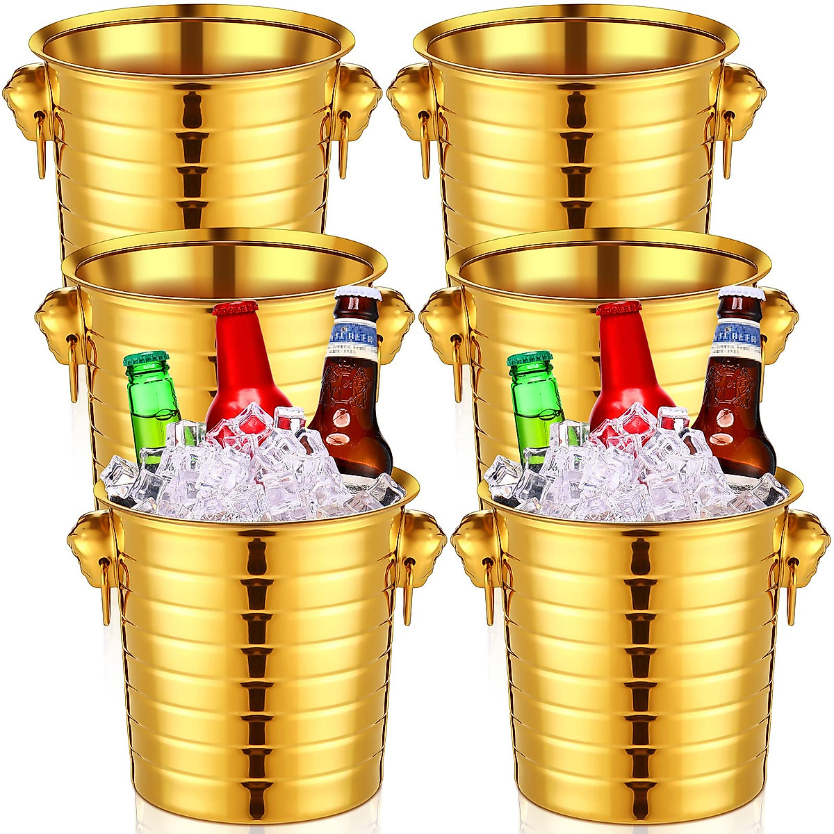 Pinkunn 6 Pack Gold Stainless Steel Champagne Bucket 3 Qt Metal Ice Bucket Double Wall Wine Bucket with Handles Party Beverage Chiller for Champagne Beer Cocktail Wine Drinks Home Bar Accessories