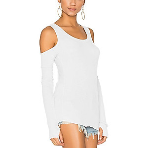 Mippo Womens Cold Shoulder Long Sleeve Tops Workout Shirts Thumb Holes Sweater Gym Yoga Clothes Hiking Tshirts White L