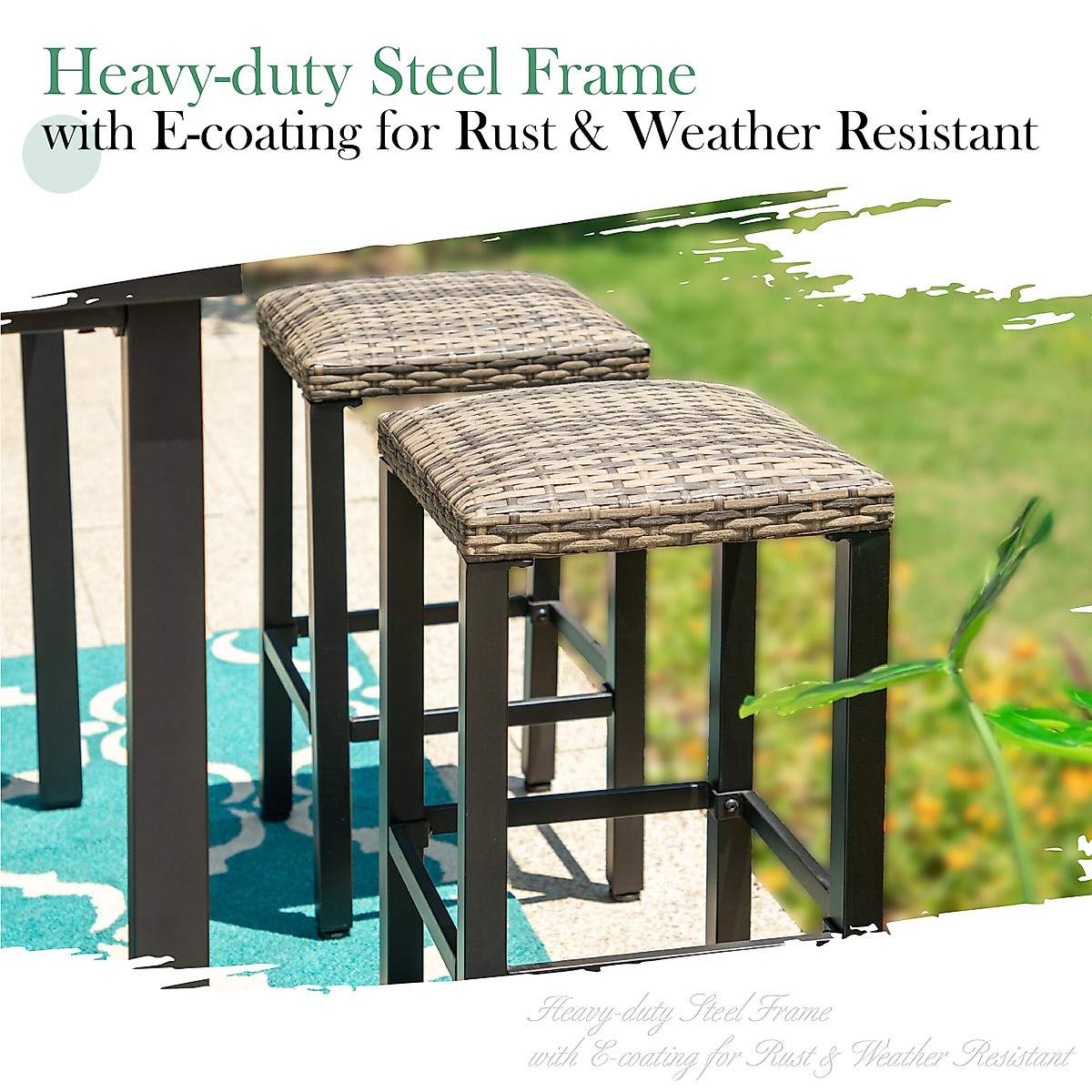 Sophia & William Outdoor Patio Bar Stools Set of 4, Counter Height Backless Rattan Wicker Bar Chairs with Adjustable Feet Mats, Patio Furniture with Metal Frame for Patio Kitchen Dining, 26.4" H