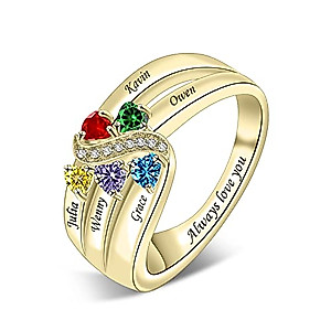 YITUB Personalized Mother Ring with 1/2/3/4/5/6 Birthstones Rings 925 Sterling Silver Mom Ring Custom Engraved Family Jewelry Gifts For Women Mother's Day (1 Stone) (Stone 6) (Stone 5)