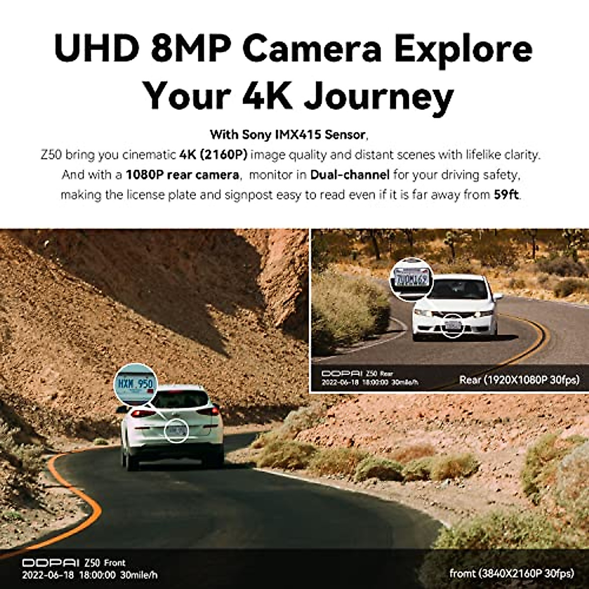 DDPAI Dash Cam Front and Rear 4K, Cam Car Camera with 2160P Front +1080P Rear, Built-in WiFi GPS, Dual Dash Camera for Cars, Night Vision,Parking Monitor,Support 128GB max, Z50