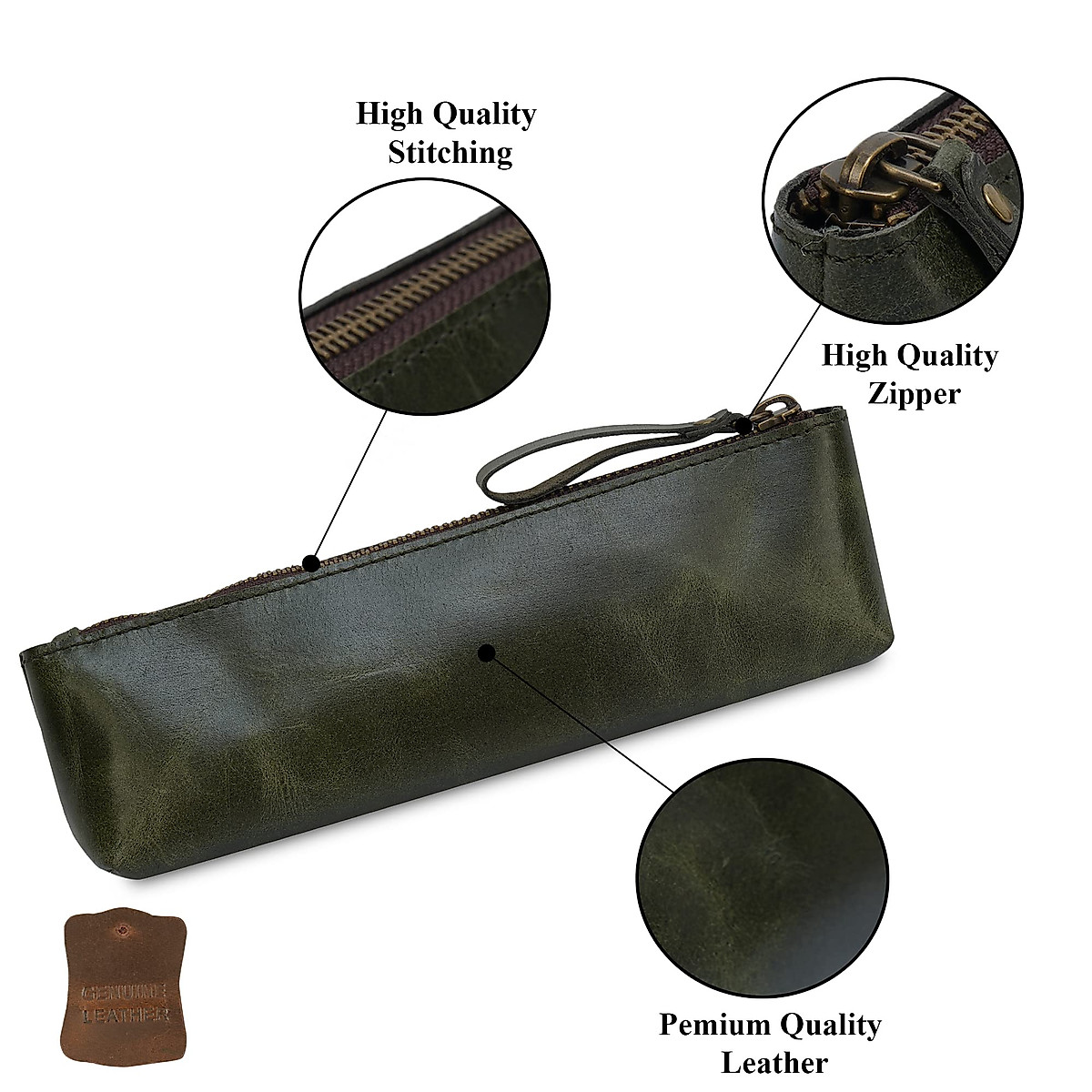 Leather Pencil Pouch, Make-up Brush Pouch, Leather Pencil Case, Zippered Pouch for Make-up essentials, Pen Case, Pen & Marker Case, Pencil Case For Students & School (Forest Green)