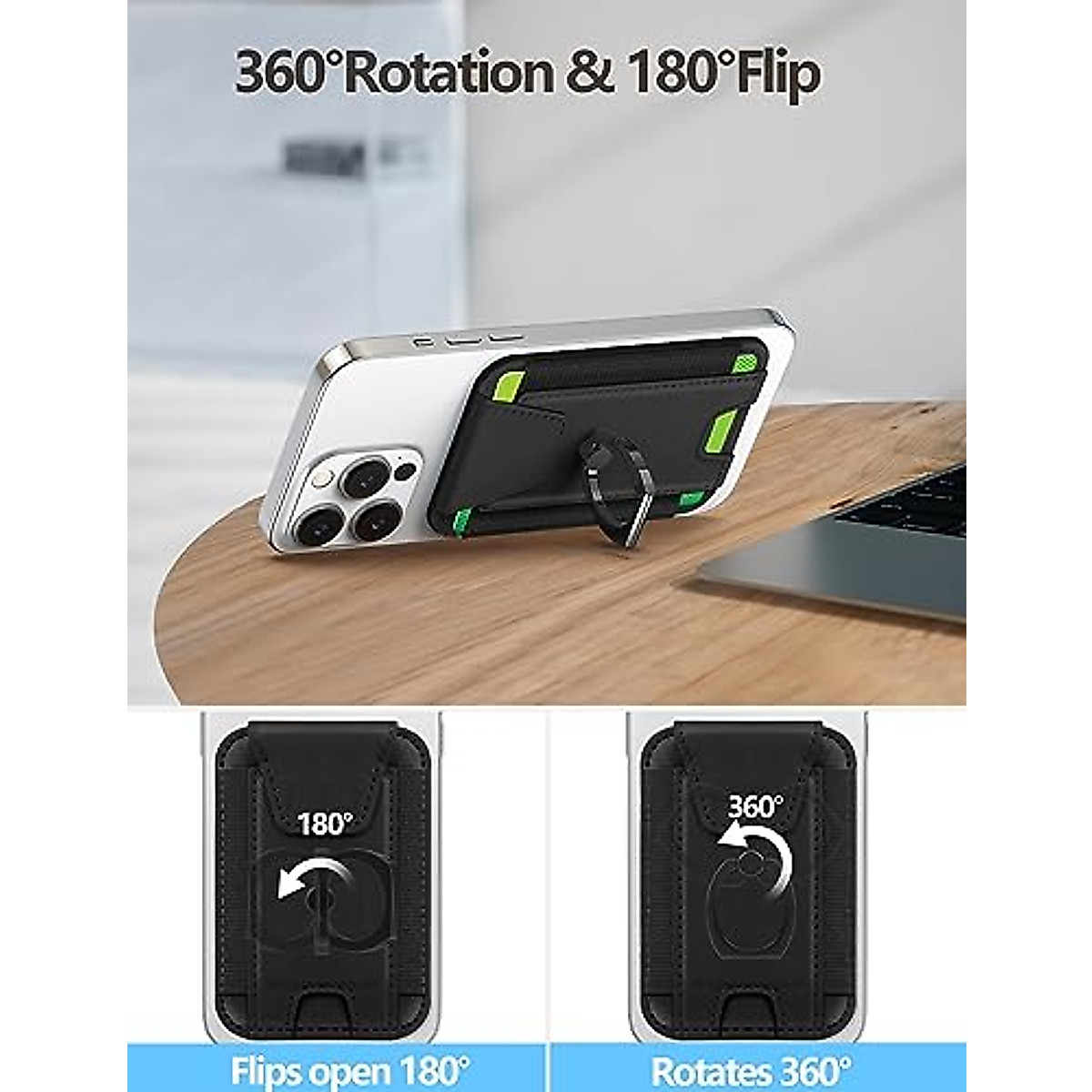 3-in-1 Magnetic Wallet with Phone Grip, Compatible with MagSafe Wallet and Phone Stand, Leather Privacy Flap, Magnetic Phone Wallet Holder with Phone Ring for iPhone 14/13/12 Series, 7 Cards, Black