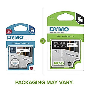 DYMO Standard D1 Self-Adhesive Polyester Tape for Label Makers, 1/2-inch, Black Print on White, 23-Foot Cartridge, 2-Pack (1926208)