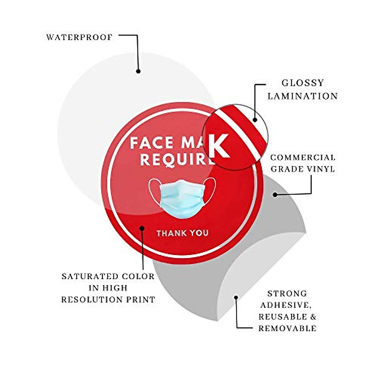 Face Mask Required Sign Sticker 2 Pack 8x8” Inch Peel & Stick Vinyl Decal Wall & Floor Sticker | Wear Face Mask Public Safety Signage for Customers, Business, Offices, Storefronts | No Mask No Entry