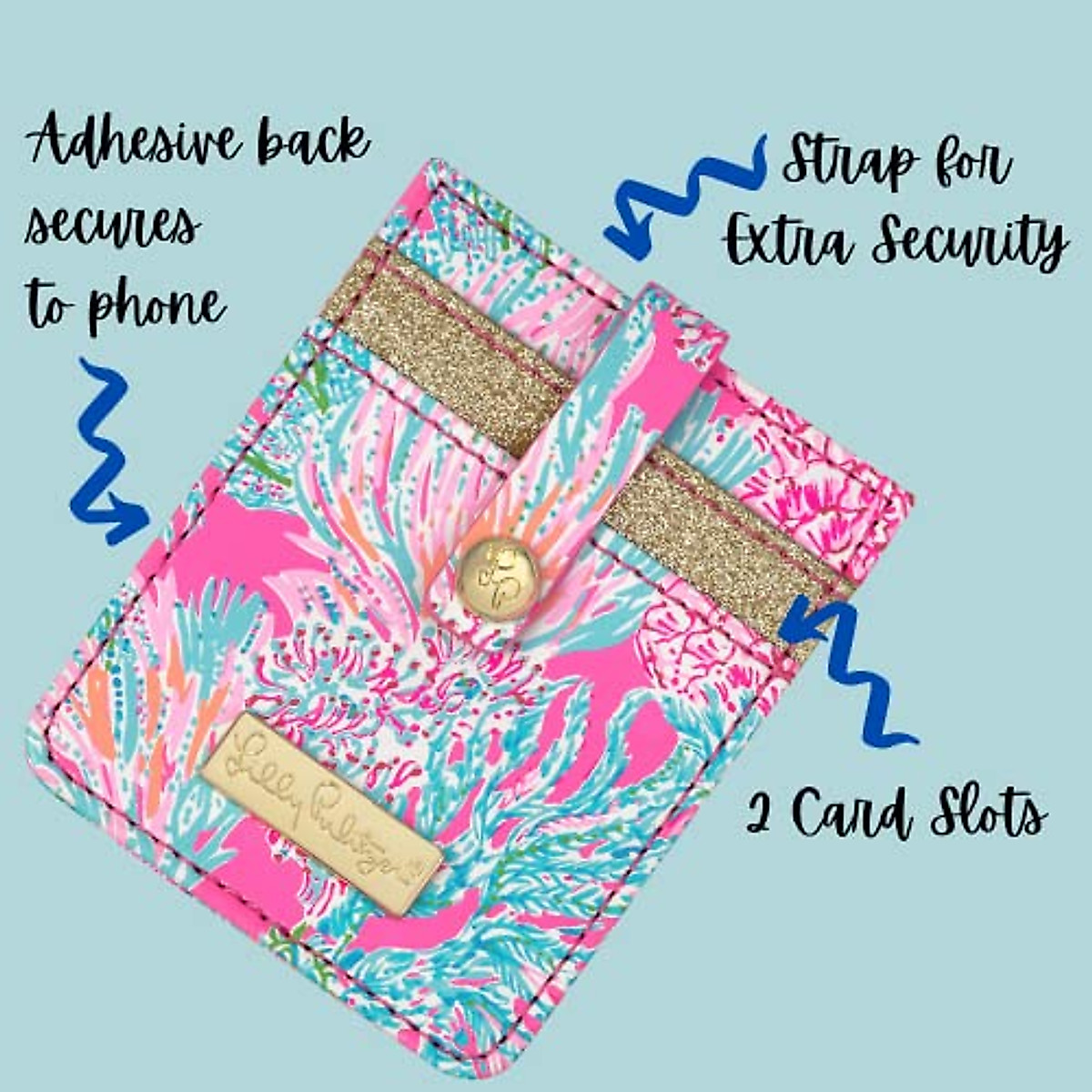 Lilly Pulitzer Pink Leatherette Adhesive Tech Pocket Card Holder, Travel Wallet for Smartphone Back, Seaing Things