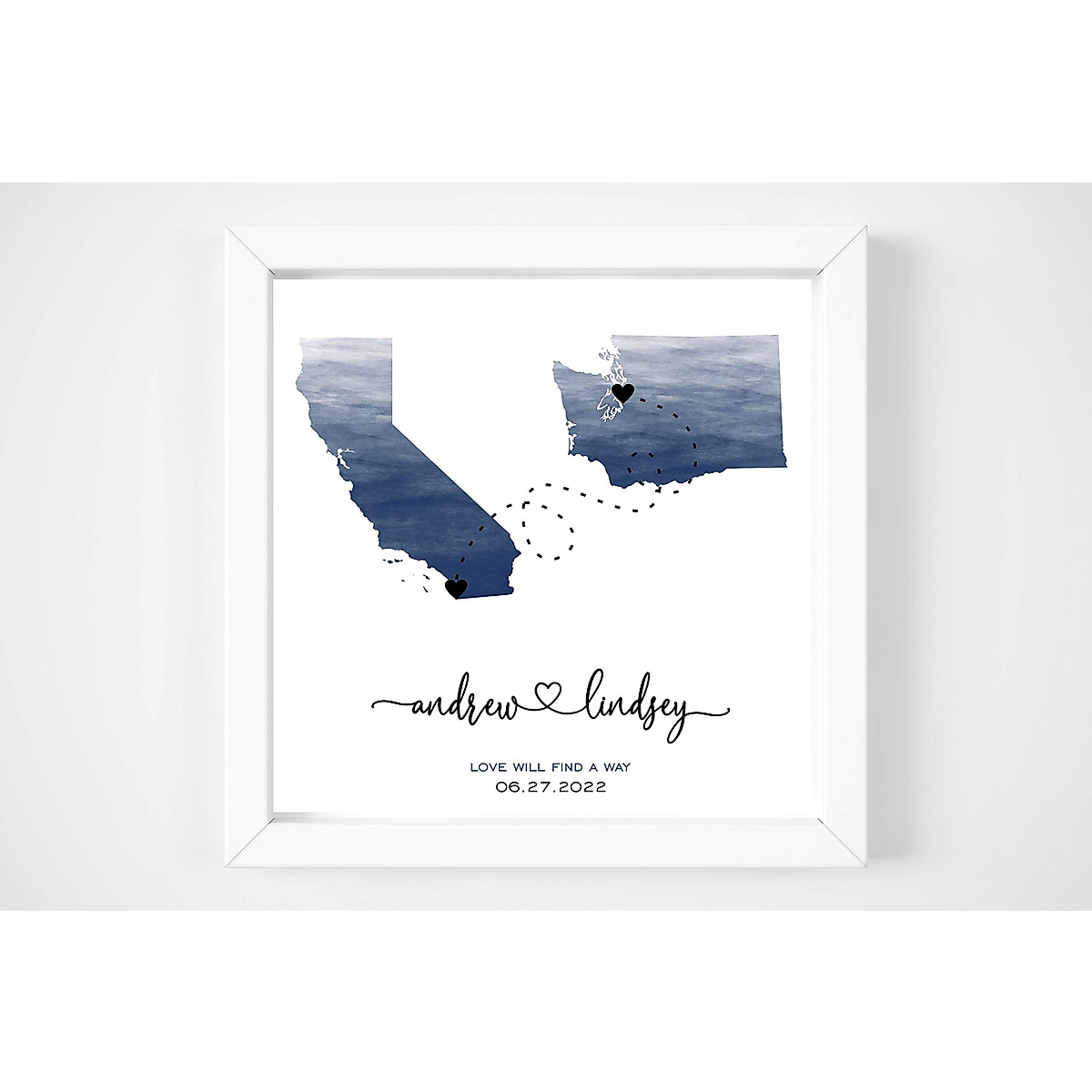 Long Distance Love Personalized Map Gift FRAMED Print Wedding Keepsake Wedding Gift Engagement Gift for Couple