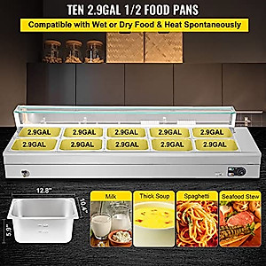 Commercial Food Warmer Bain Marie with Glass Shield - 10 Pan x 1/2 GN, 6-Inch Deep, 1500W Electric Countertop Food Warmer