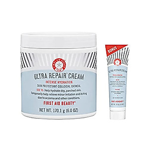 First Aid Beauty Ultra Repair Cream Intense Hydration Moisturizer for Face and Body Bundle – Classic 6 oz Jar + Bonus 1 oz Travel Size Tube