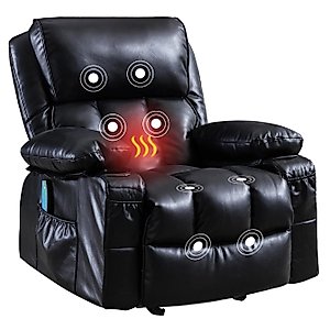 Modern Recliner Chairs for Adults with Massage and Heat,Rocker Single Sofa with 2 Cup Holder and Side Pocket for Seniors,USB Port 5 Modes Adjustable (Black)