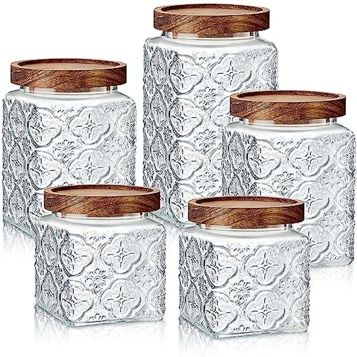 Gerrii 5 Pcs Vintage Glass Food Storage Containers 17/24/34 oz Glass Jar with Lid Begonia Pattern Glass Airtight Candy Jar Food Jars Canisters for Kitchen Counter Pantry Coffee Tea Beans (Square)