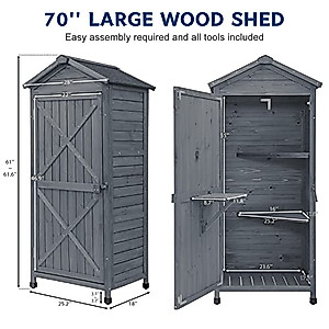 Outdoor Storage Cabinet, Wood Garden Shed, Waterproof Tool Furniture with Shelves, Door, Adjustable Legs for Yard, Patio, Deck