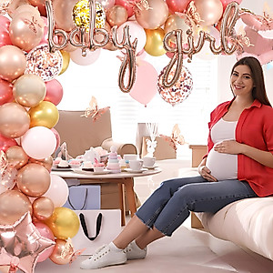 Rose Gold Baby Shower Decorations Rose Gold Balloon Garland Arch Kit Balloon Boxes Fringe Curtain Tablecloth Cake Topper Butterfly Stickers for Birthday Girls Baby Shower Gender Reveal Party Supplies