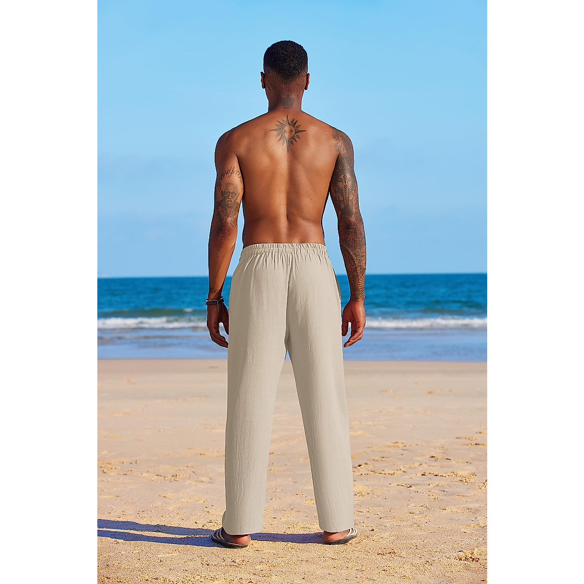 COOFANDY Men's Cotton Linen Baggy Pants Relaxed Fit Vacation Beach Trousers Khaki
