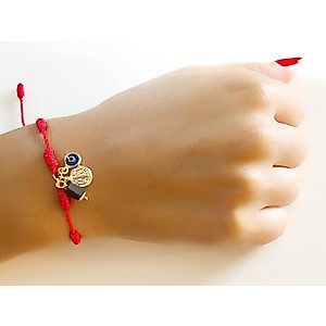 LESLIE BOULES Red Thread Saint Benedict Bracelet Blue Evil Eye & Genuine Azabache Stone Pendants Handmade Jewelry