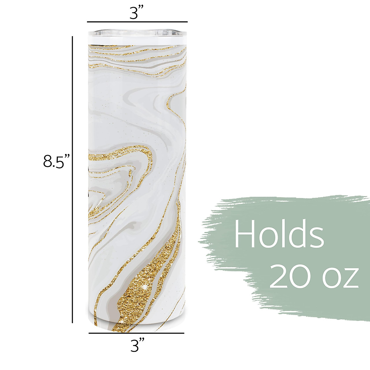 Elanze Designs Nova Name, White & Gold Glitter Marble Wrap-Around Design 20 Ounce Stainless Steel On-The-Go Coffee Travel Insulated Skinny Tumbler Mug Cup with Slide Top Lid