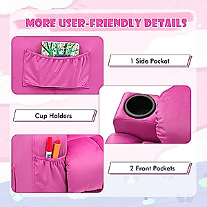 COSTWAY Larger Kids Recliner Chair, Adjustable Lounge Recliner w/ 2 Cup Holders, 1 Side Pocket, 2 Front Pockets, Footrest, Velvet Fabric Recliner for Boys & Girls, Ideal for Bedroom (Pink)