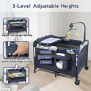 5-in-1 Baby Bassinet Bedside Crib, Pack and Play Long Next to Bed Crib Co Sleeper with Toys & Music Box, Mattress, Foldable Playard, Playpen Travel Bed Nursery Center for Girl Boy Infant Newborn