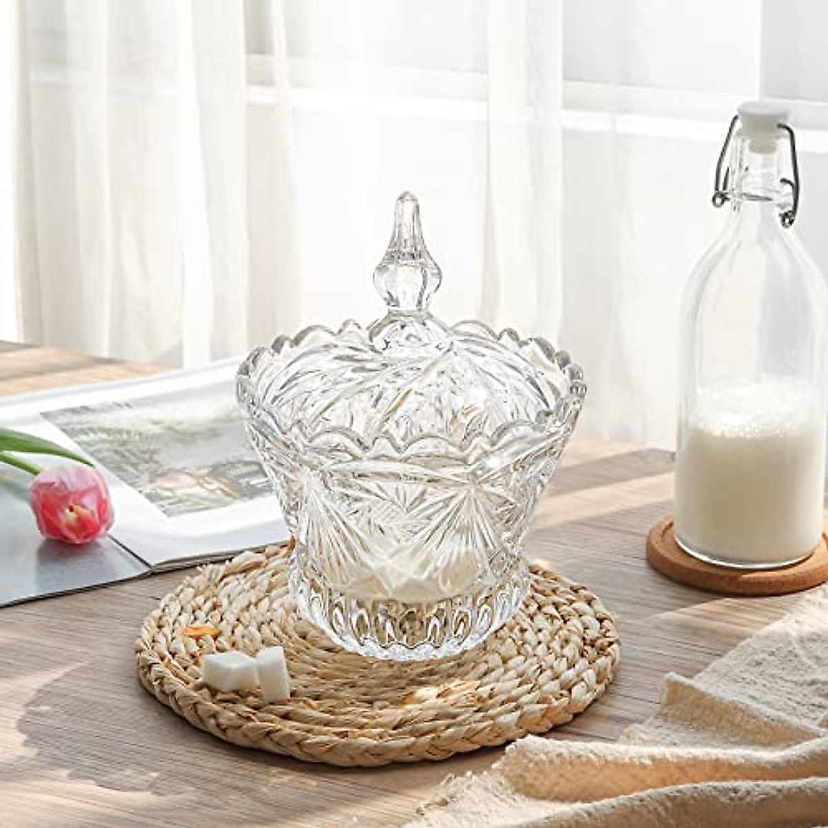 ComSaf Glass Candy Dish with Lid, Clear Large Covered Candy Bowl, Crystal Candy Jar for Home Kitchen Office Desk Christmas Gift